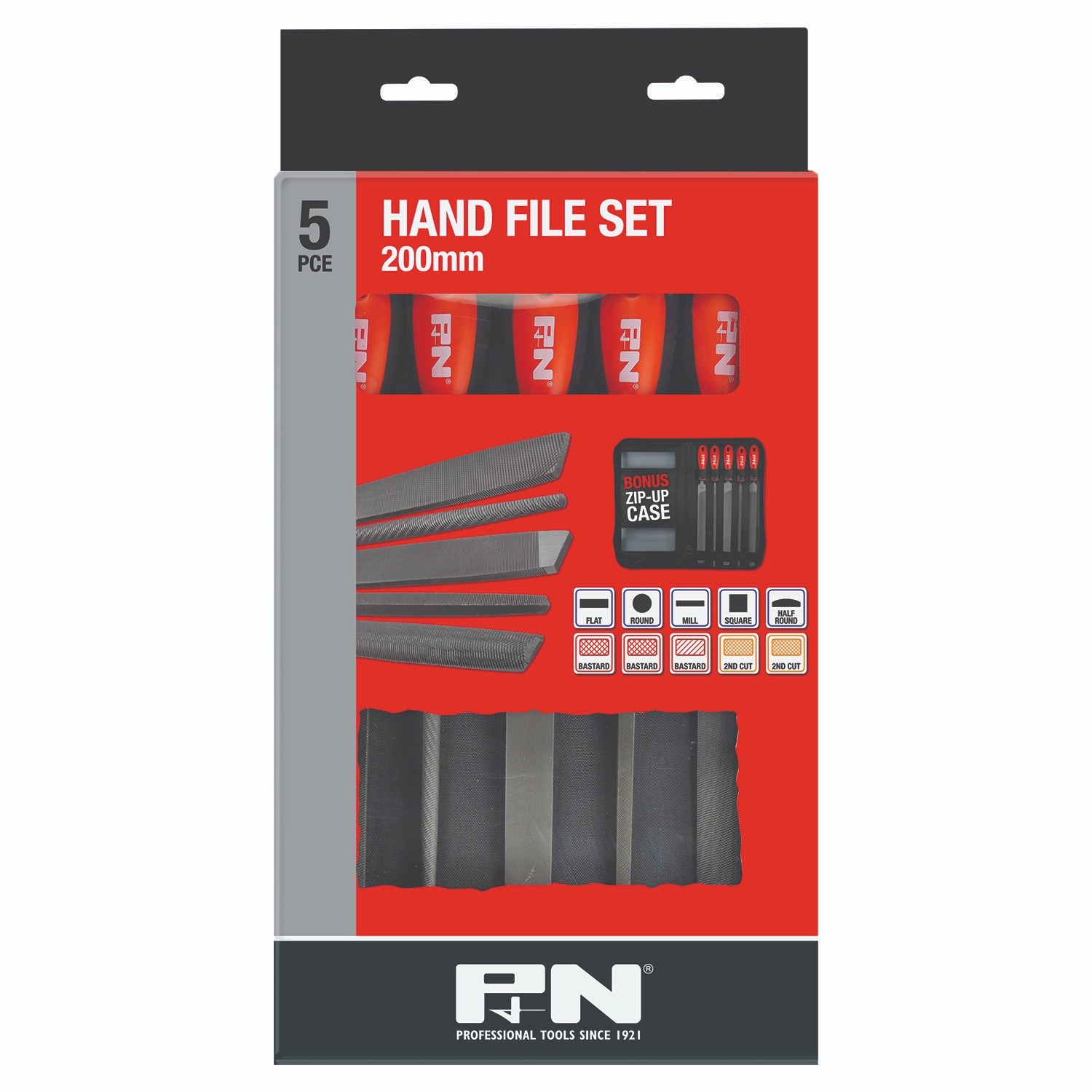 FILE SET FLAT,RND,MILLSAW BST, 1/2RND,SQ 2ND 200MM 5PC P&N - P&N Tools